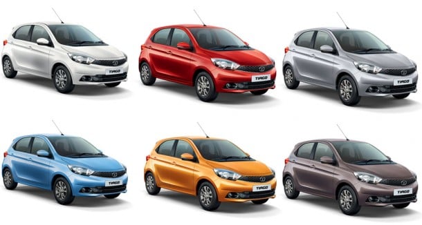 Tata Tiago Colors: Red, Orange, Brown, Silver, Blue, White - GaadiKey