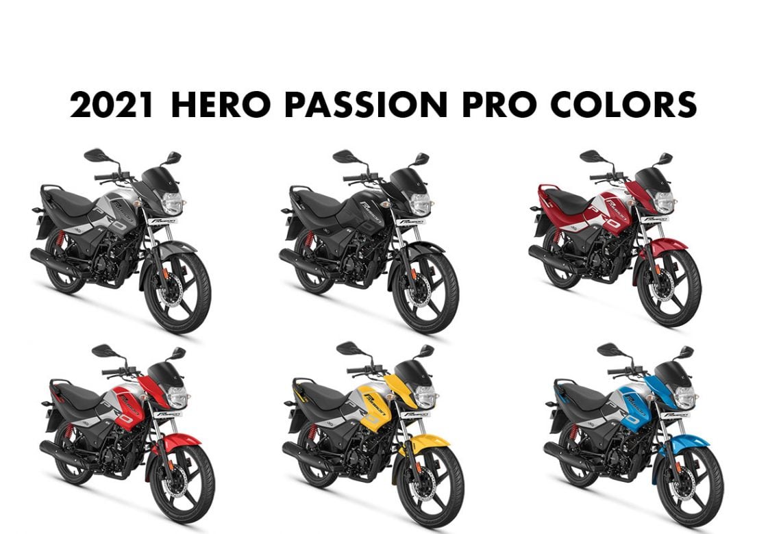 2021 Hero Passion Pro Colors: Red, Yellow, Blue, Blue, Grey - GaadiKey