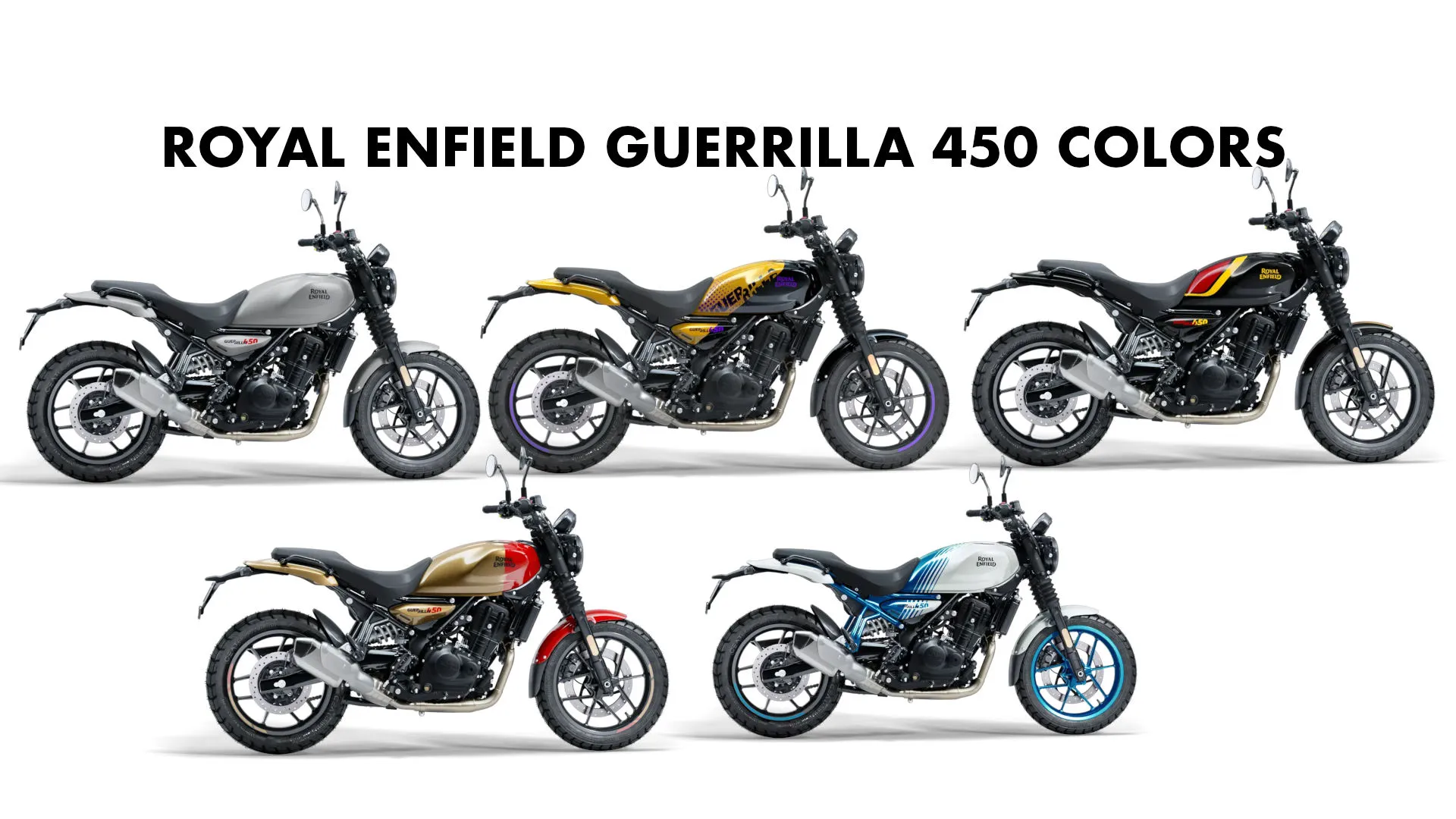 Royal Enfield Guerrilla 450 Colors: Silver, Gold, Black, Blue, Yellow - GaadiKey