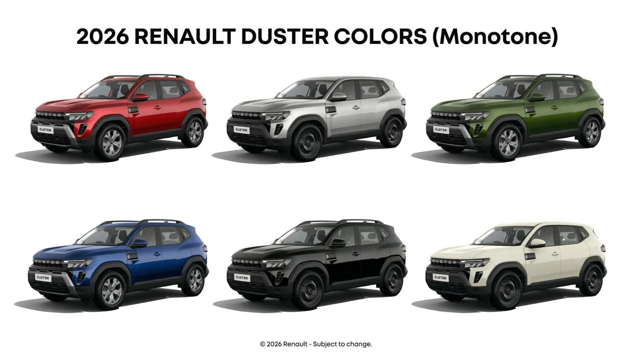 2026 Renault Duster Colors: Green, White, Silver, Black, Red, Blue ...